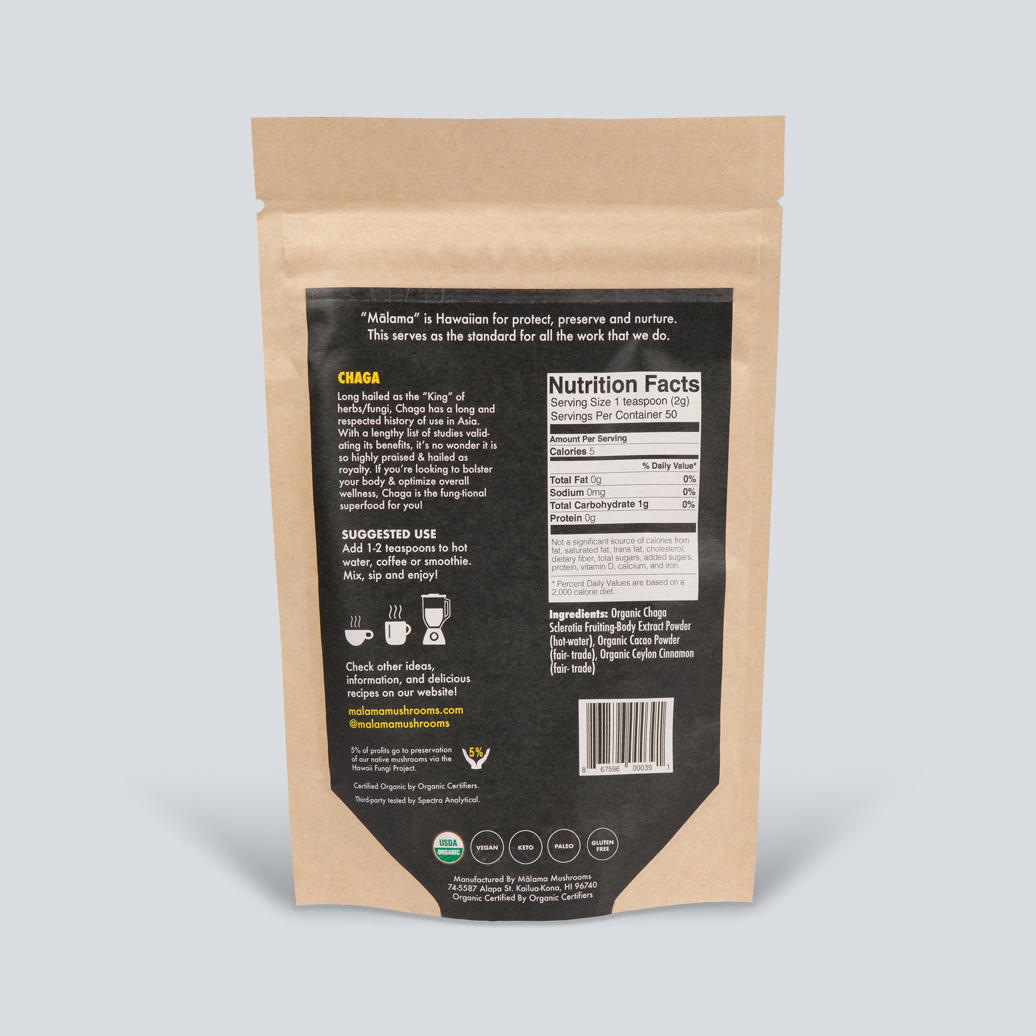 Chaga "King of Mushrooms" Cacao Mix | Malama Mushrooms Hawaii Organic ...